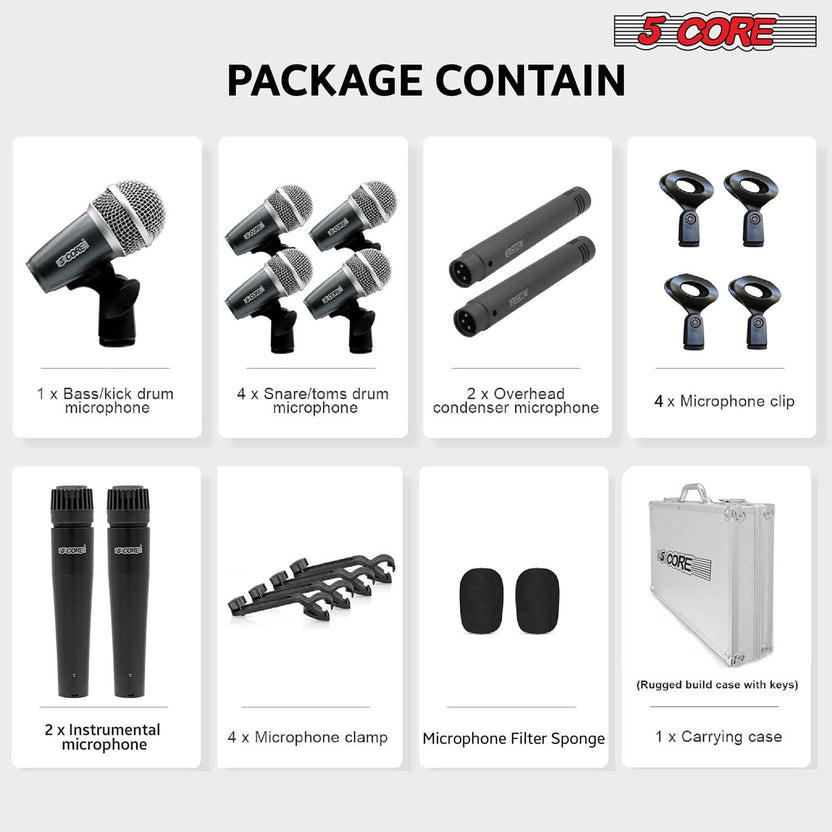 Drum Microphone Kit 9 Piece Bass/Tom/Snare Dynamic Mic Set