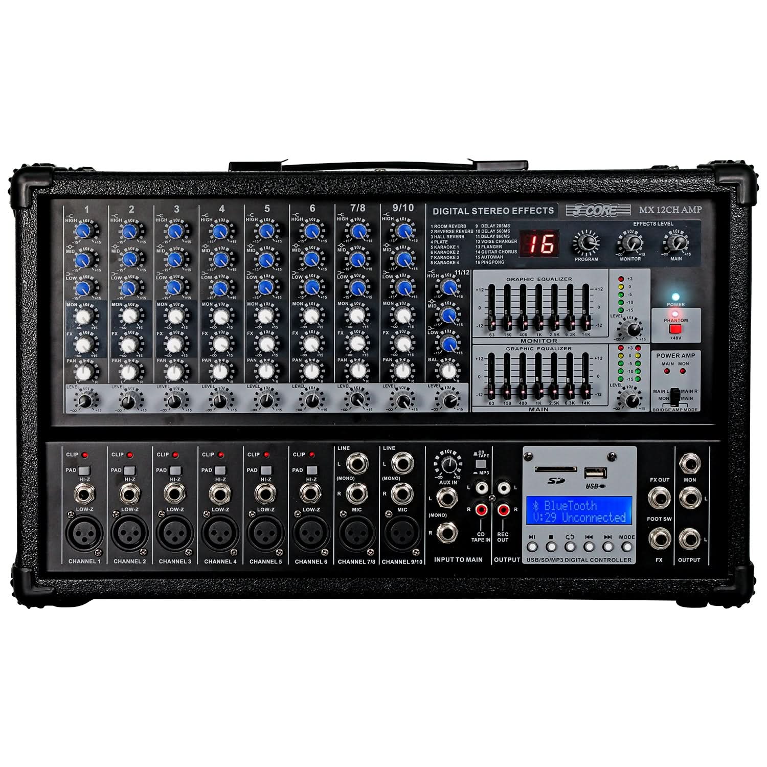 Powered Audio Mixer 12Channel USB MP3 Bluetooth SD - 5 Core